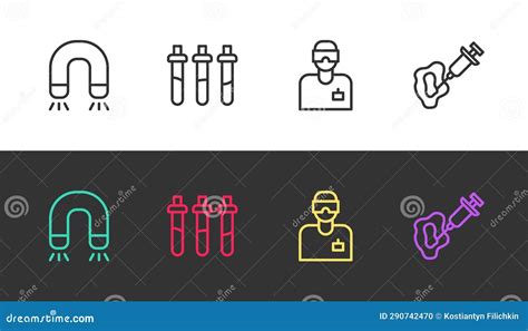 Set Line Magnet Reagent Bottle Laboratory Assistant And Syringe On