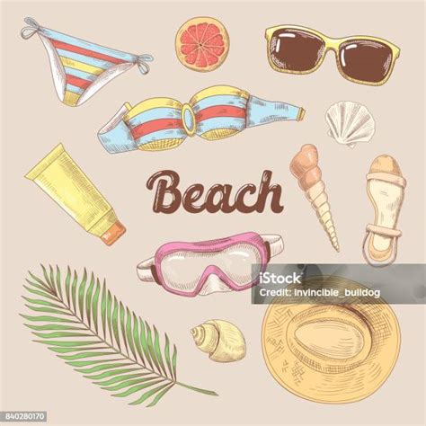 손으로 그린 비치 휴가 낙서 여름 시간 관광 패션입니다 벡터 일러스트 레이 션 가방에 대한 스톡 벡터 아트 및 기타 이미지 가방 개인 장식품 개체 그룹 Istock