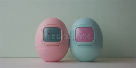 Two Egg Shaped Devices With Screens Resting On White Surface Stock