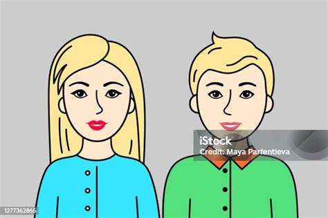 두 젊은 성인 유럽 가족 금발 머리를 가진 남자와 여자 친절한 좋은 사람들의 쌍 만화 간단한 초상화 가족에 대한 스톡 벡터 아트 및 기타 이미지 Istock