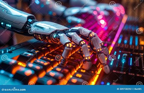 Futuristic Robotic Arms Engaged In Cyber Operations Typing Rapidly On
