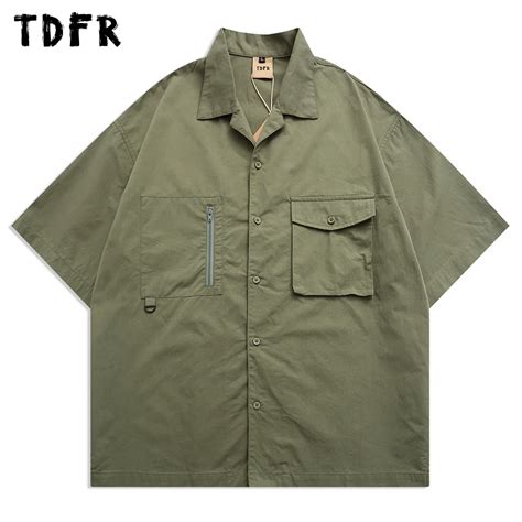 포켓 짧은 소매 카고 셔츠 망 여름 옷깃 느슨한 하프 슬리브 분할 밑단 남자 셔츠 Aliexpress