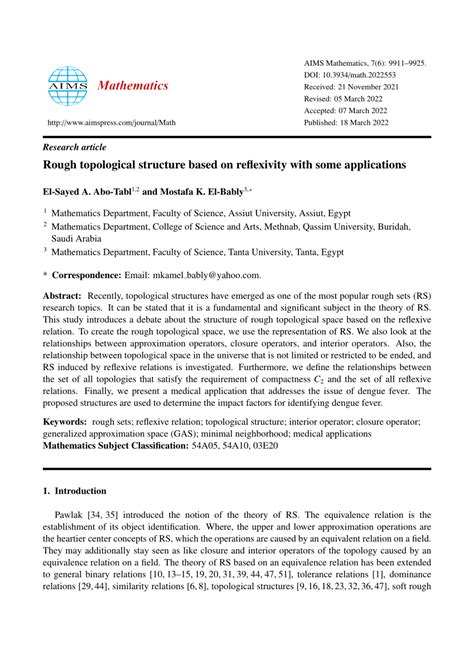 Pdf Rough Topological Structure Based On Reflexivity With Some Applications