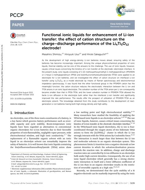 Pdf Functional Ionic Liquid For Enhancement Of Li Ion Transfer Effect Of Cation Structure On