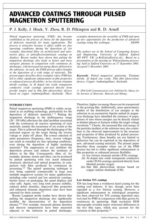 Pdf Advanced Coatings Through Pulsed Magnetron Sputtering