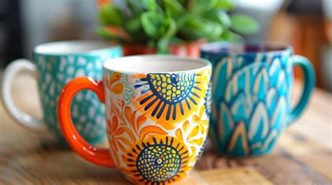 Premium Photo Colorful Patterned Mugs On Wooden Table