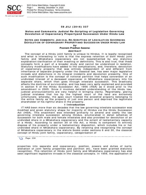 Legislation Of Devolution Of Coparcenery Pdf Intestacy Inheritance