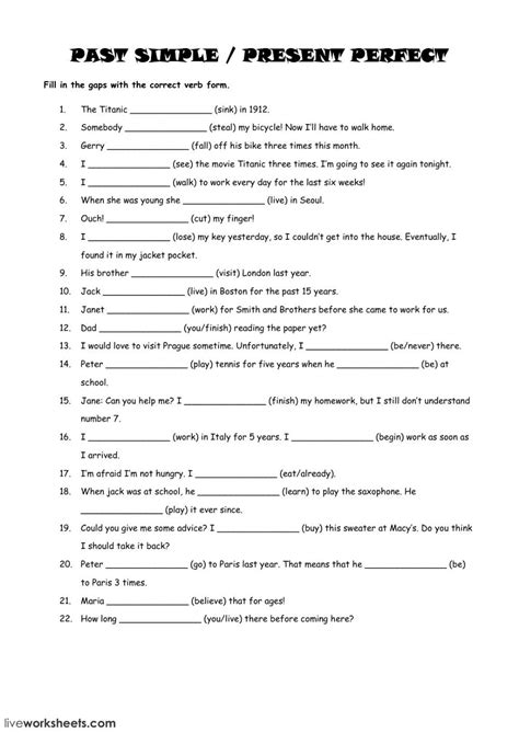 Past V Present Perfect Tense Worksheet Artofit