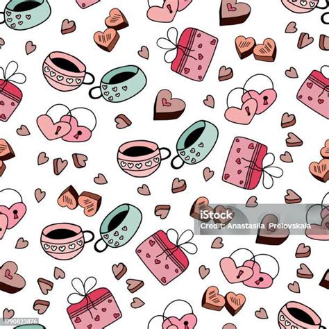 손으로 그린 귀여운 두 개의 커피 또는 찻잔 하트 모양 패턴 선물 상자 초콜릿 사탕 흰색 배경에 열쇠 구멍 완벽 한 패턴이있는 두 개의 하트 모양의 자물쇠 귀여운에 대한