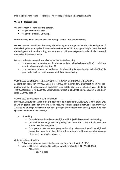 Ibr Week 2 Inleiding Belastingrecht Week 2 Aantekeningen Hoorcollege Werkcollege