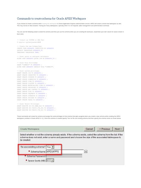 commands to create schema for oracle apex workspace pdf