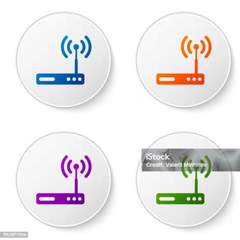 컬러 라우터와 와이파이 신호 기호 아이콘 흰색 배경에 고립 무선 이더넷 모뎀 라우터 컴퓨터 기술 인터넷 원 버튼의 색상 아이콘을 설정 합니다 벡터 일러스트 0명에 대한 스톡