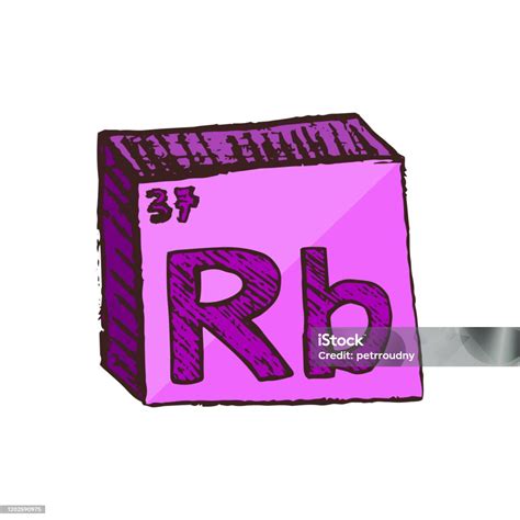 벡터 3차원 손으로 그린 화학 보라색 또는 흰색 배경에 분리 된 요소의 주기성 테이블에서 약어 Rb와 루비듐의 보라색 기호 3차원 형태에 대한 스톡 벡터 아트 및 기타