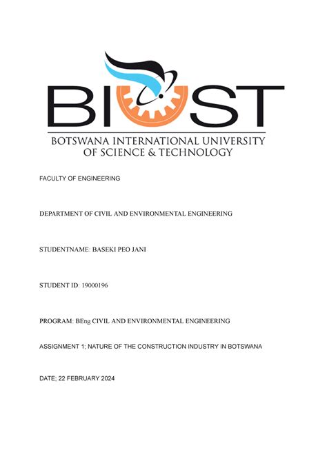 Construction Industry In Botswana Faculty Of Engineering Department Of Civil And Environmental