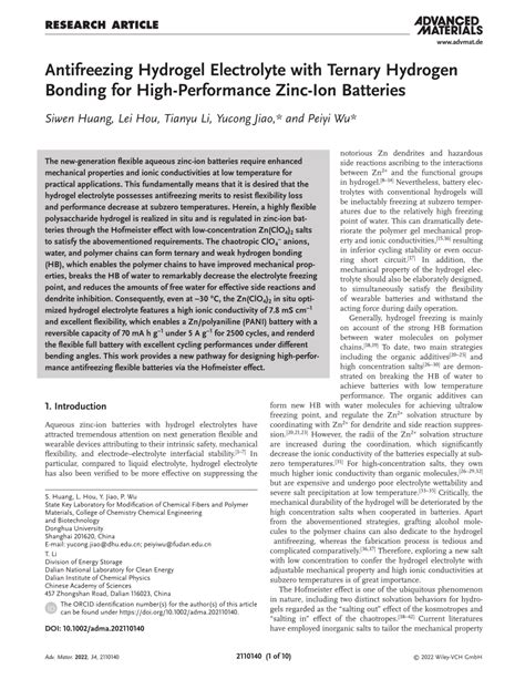 Antifreezing Hydrogel Electrolyte With Ternary Hydrogen Bonding For