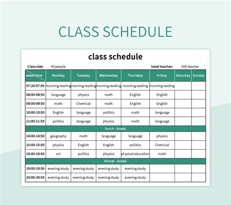 Class Schedule Excel Template And Google Sheets File For Free Download - Slidesdocs