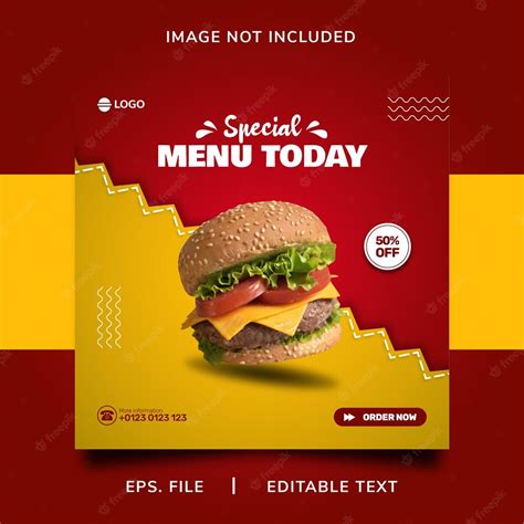햄버거 포스터 판매 소셜 미디어 프로모션 및 인스 타 그램 배너 포스터 포스트 템플릿 디자인 프리미엄 벡터