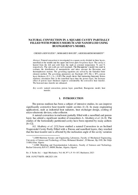 Pdf Natural Convection In A Square Cavity Partially Filled With Porous Medium And Nanofluid