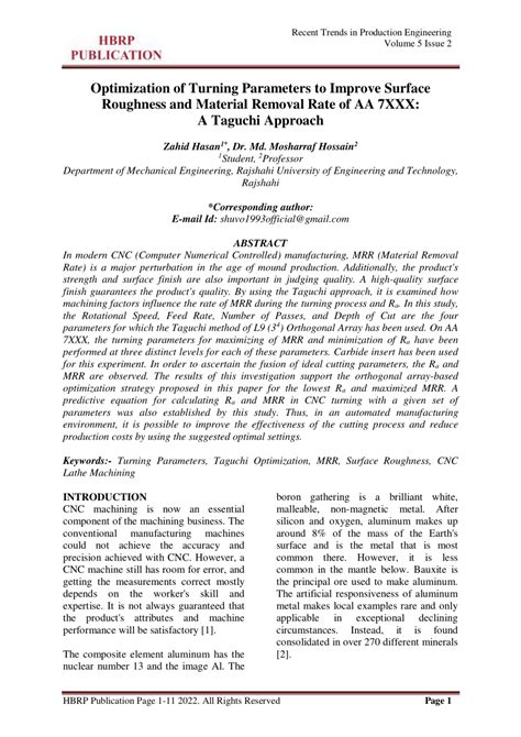 Pdf Optimization Of Turning Parameters To Improve Surface Roughness And Material Removal Rate