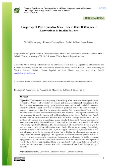 Pdf Frequency Of Post Operative Sensitivity In Class Ii Composite Restorations In Iranian