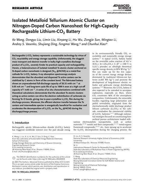Pdf Isolated Metalloid Tellurium Atomic Cluster On Nitrogen‐doped