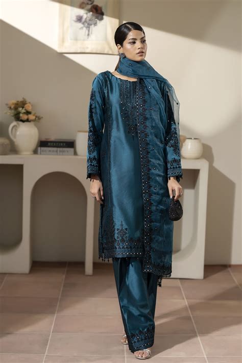 Teal Blue Embroidered Silk Farshi Salwar Suit Pakistani Outfit Mehek