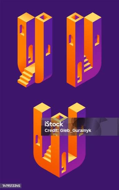계단과 창문이있는 3d 아이소메트릭 모양으로 만든 벡터 글꼴 세트 로고에 대한 스톡 벡터 아트 및 기타 이미지 로고 층계 0명 Istock