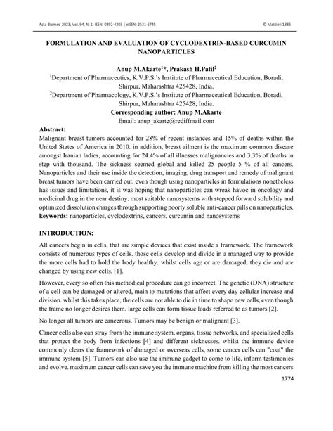 Pdf Formulation And Evaluation Of Cyclodextrin Based Curcumin Nanoparticles