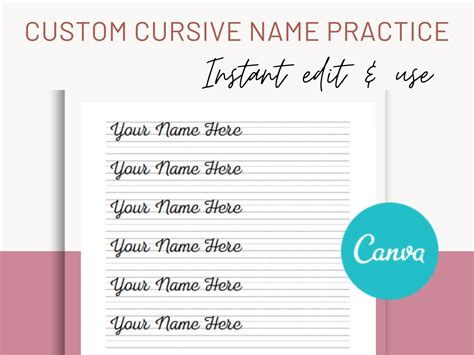 Cursive Name Practice Custom Cursive Name Writing Worksheet Editable Canva Template For 2nd