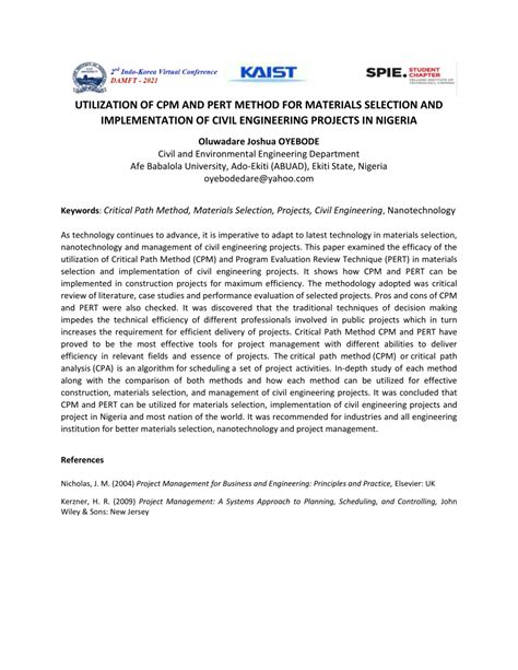 Pdf Utilization Of Cpm And Pert Method For Materials Selection And
