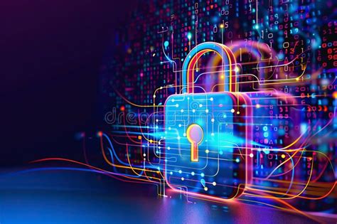 neon lit padlock with data lines and binary code in digital space stock