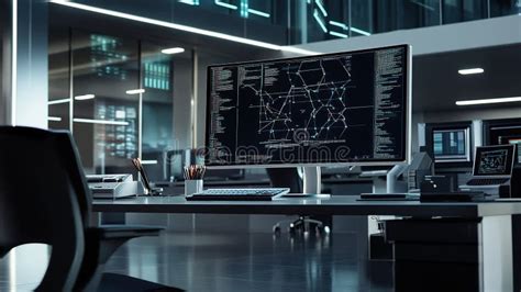 A Modern Office Workspace Featuring A Sleek Computer Setup With Coding Layouts And High Tech