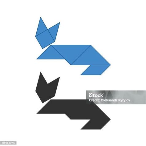 고양이 탱 그램 전통적인 중국 해 부 퍼즐 일곱 타일링 조각기하학적 모양 삼각형 사각형 마름모 평행 사변형 분석 기술을 개발 하는 데 도움이 아이 들을 위한 보드 게임 벡터