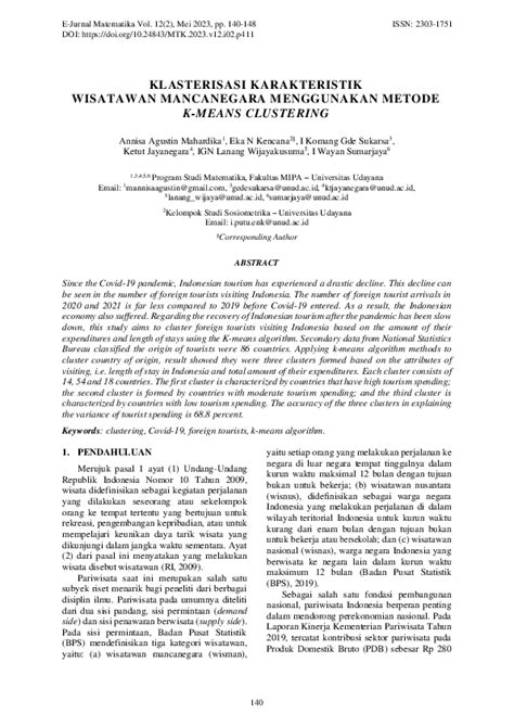 Pdf Klasterisasi Karakteristik Wisatawan Mancanegara Menggunakan Metode K Means Clustering