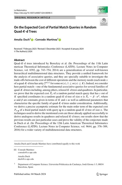 pdf on the expected cost of partial match queries in random quad k d