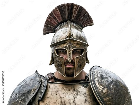 Front View Of A Spartan Warrior In Ancient Greek Armor With Plumed