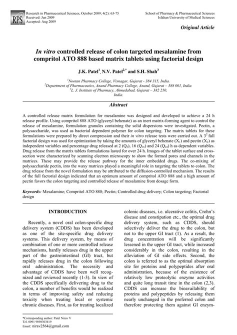 Pdf In Vitro Controlled Release Of Colon Targeted Mesalamine From Compritol Ato 888 Based