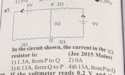47 In The Circuit Shown The Current In The 1Ω Resistor Is Jee 2015 Ma