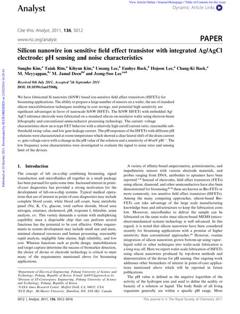 Pdf Silicon Nanowire Ion Sensitive Field Effect Transistor With Integrated Ag Agcl Electrode