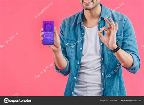 Partial View Young Man Doing Sign Showing Smartphone Shopping Isolated