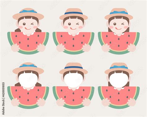 Стоковое векторное изображение «여름철 수박 먹는 어린이 캐릭터 얼굴합성 일러스트 이미지 세트 Adobe Stock