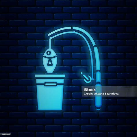 벽돌 벽 배경에 고립 빛나는 네온 낚싯대와 물고기 아이콘 양동이에 물고기를 넣습니다 낚시 장비 및 어류 양식 주제 벡터 일러스트렌 강에 대한 스톡 벡터 아트 및 기타 이미지