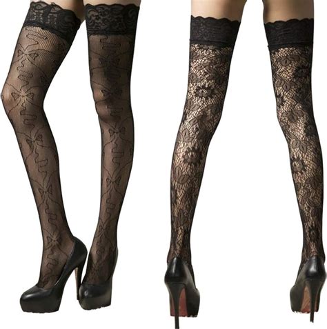 2 Packs Black Fishnet Stockings Lace Flower Patterned