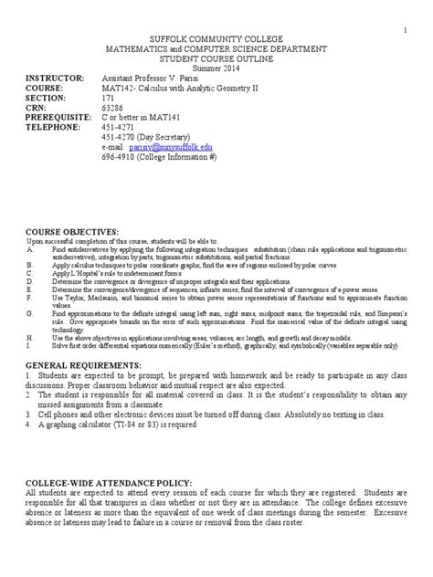 Mat 142 Course Outline Series Mathematics Integral