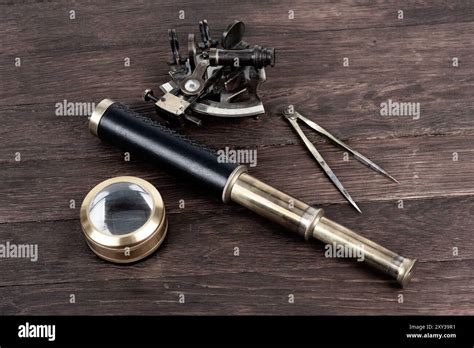 Antique Bronze Naval Instruments Sextant Spy Glass Naval Dividers