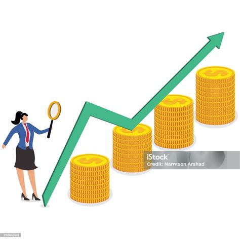 투자 관찰 및 기회 돋보기를 들고 금화 더미의 증가 추세를 관찰하고 분석하는 사업가 개념에 대한 스톡 벡터 아트 및 기타 이미지 개념 개발 개선 Istock