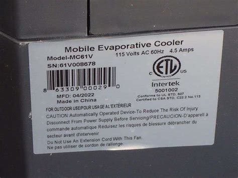 Intertek Mobile Evaporative Cooler Model Mc61v Rosen Systems