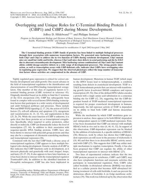 Pdf Overlapping And Unique Roles For C Terminal Binding Protein 1 Ctbp1 And Ctbp2 During