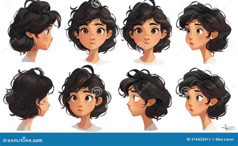A Cute Girl With A Short Black Curly Hair Different Angles Character
