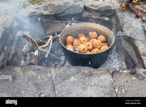 Campfire Baked Apples Traditional Apple Cooking In A Cast Iron Cauldron On Fire In Camping